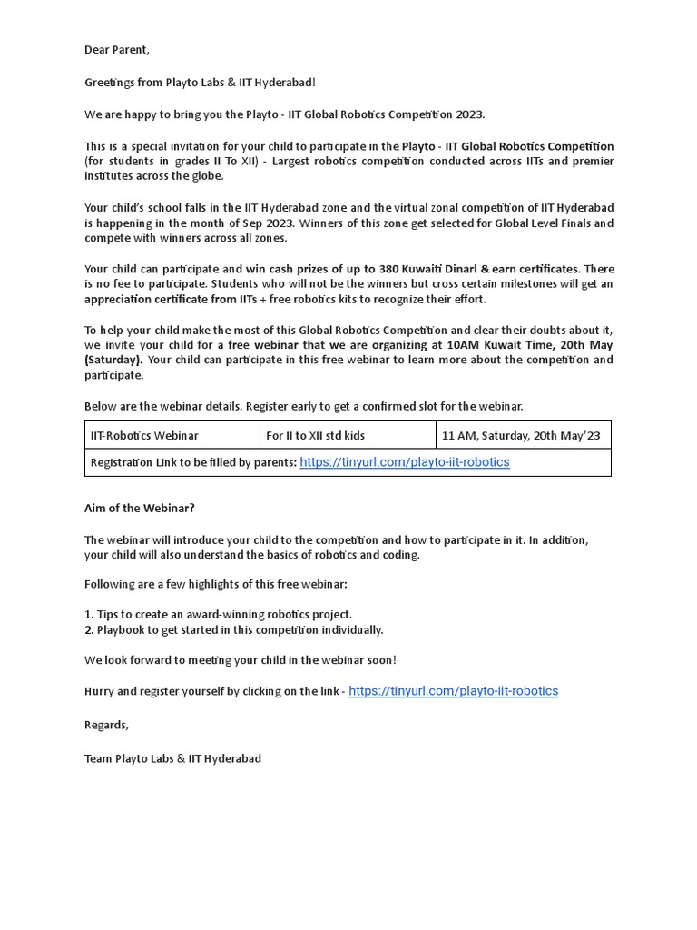 Playto - IIT Global Robotics Competition20-5 - 2023 | PDF