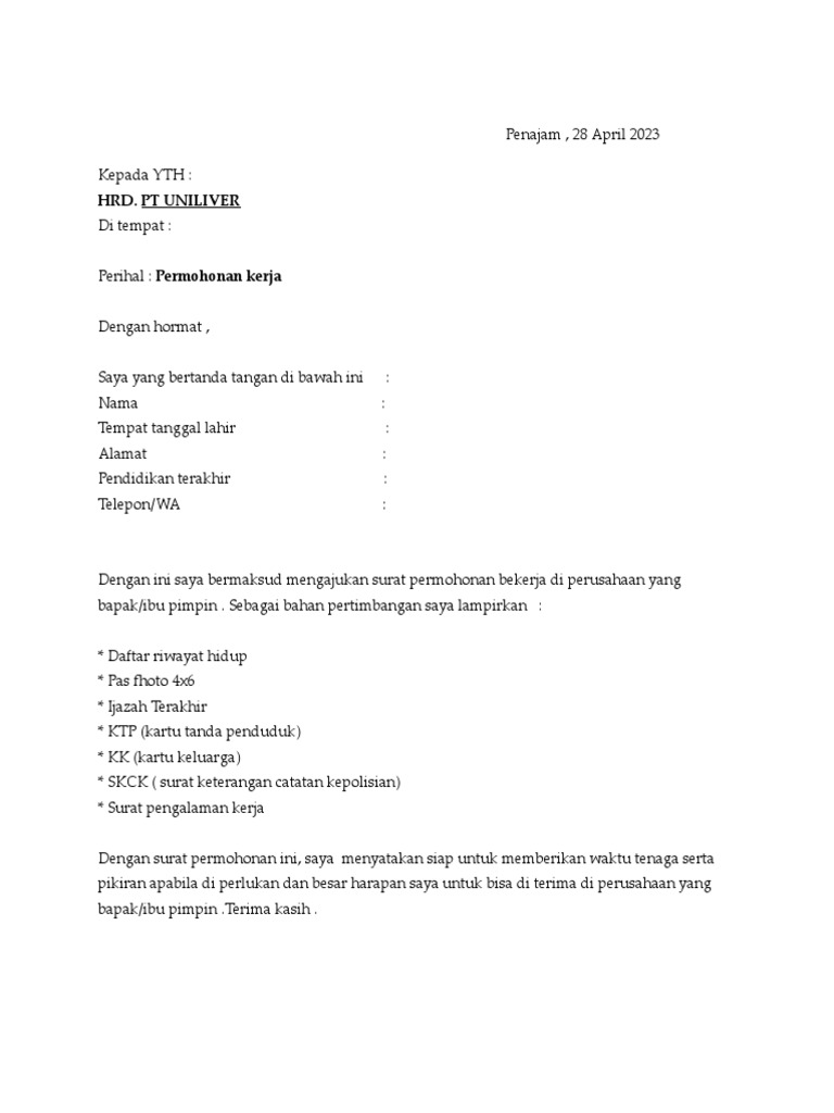 Permohonan Kerja Ali Akbar di Unilever | PDF