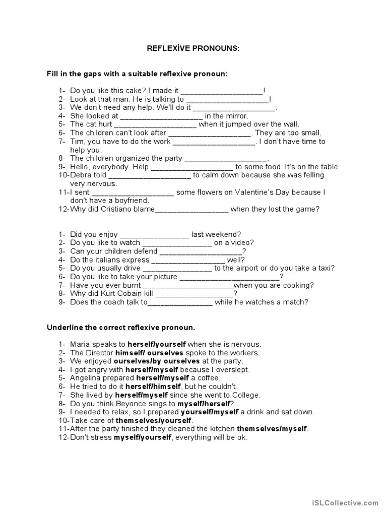 Reflexive Pronouns Practice Worksheet | PDF