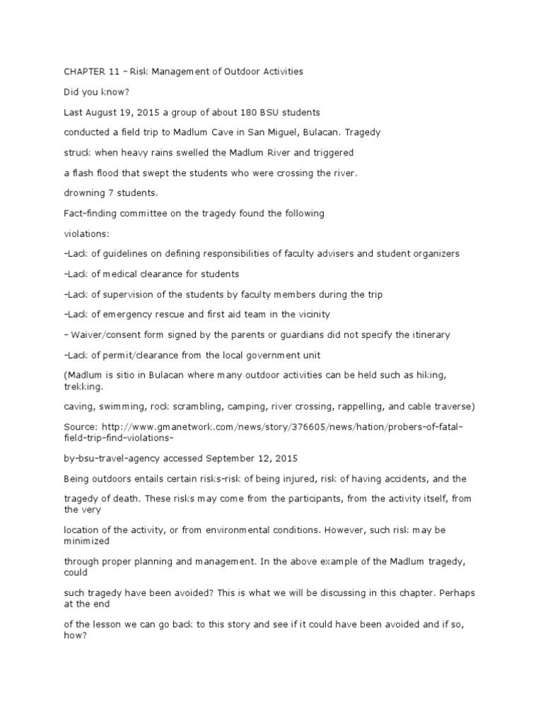 Risk Management of Outdoor Activities | PDF | Risk | Hazards