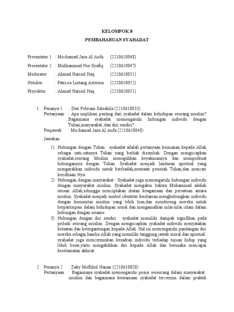Hasil Diskusi Kelompok 8 Pembaharuan Syahadat | PDF