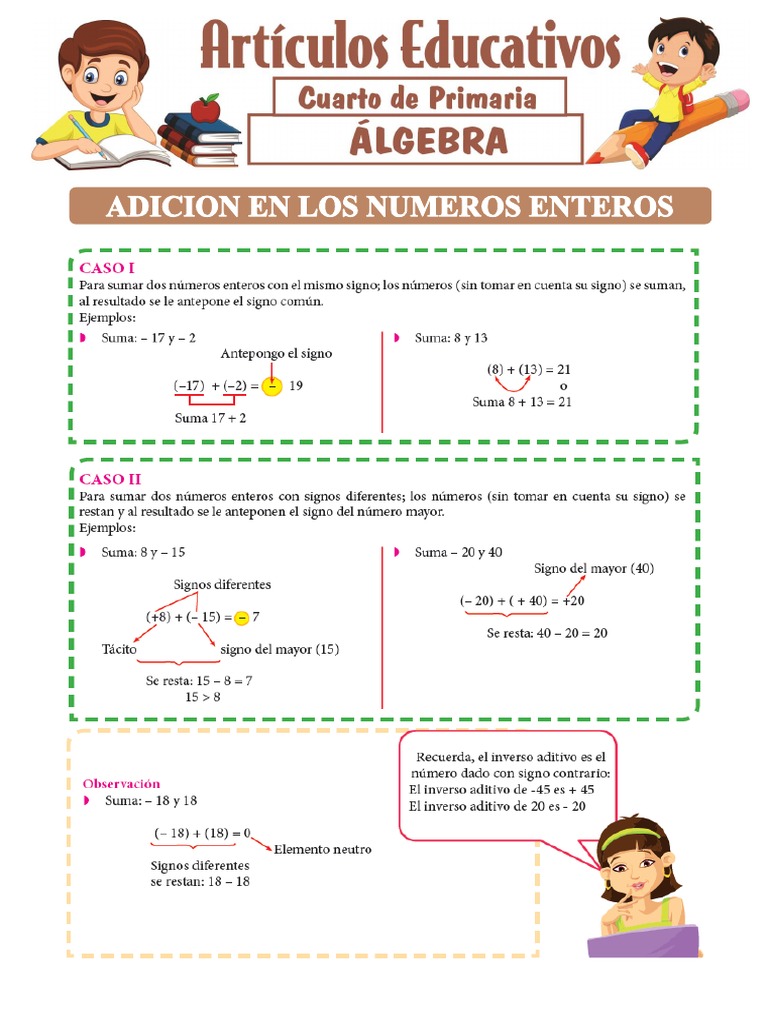 Adicion en Los Numeros Enteros para Cuarto de Primaria | PDF