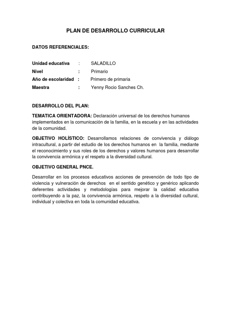 Plan De Desarrollo Curricular Primero De Primaria 01 Pdf Derechos