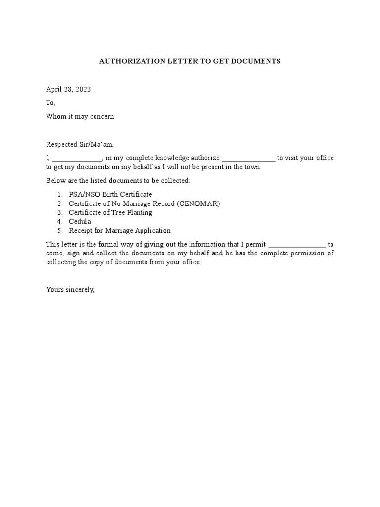 Authorization Letter To Get Documents | PDF