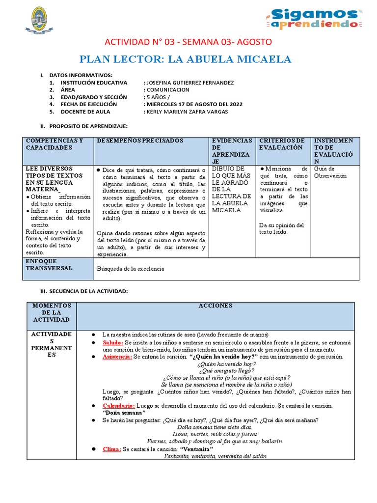Sesion 3 PLAN LECTOR LA ABUELA MICAELA | PDF | Evaluación | Ciencia ...