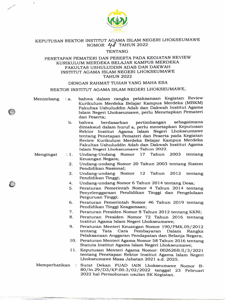 SK Nomor 48 Tahun 2022 Riview Kurikulum | PDF