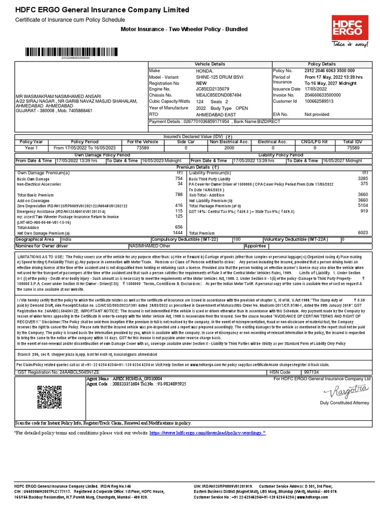 Wasim Ansari - HDFC Policy | PDF | Insurance | Deductible