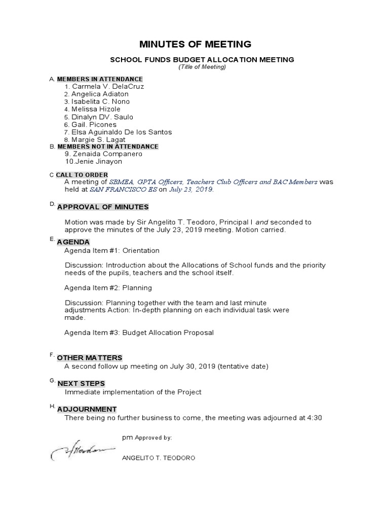 Sample MINUTES OF MEETING | PDF