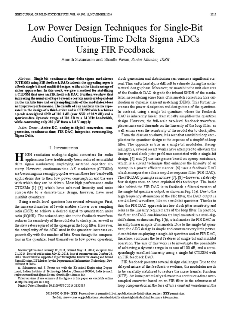Shanthi Pavan - CT Audio DSM With FIR - JSSC 2014 | PDF | Analog To ...