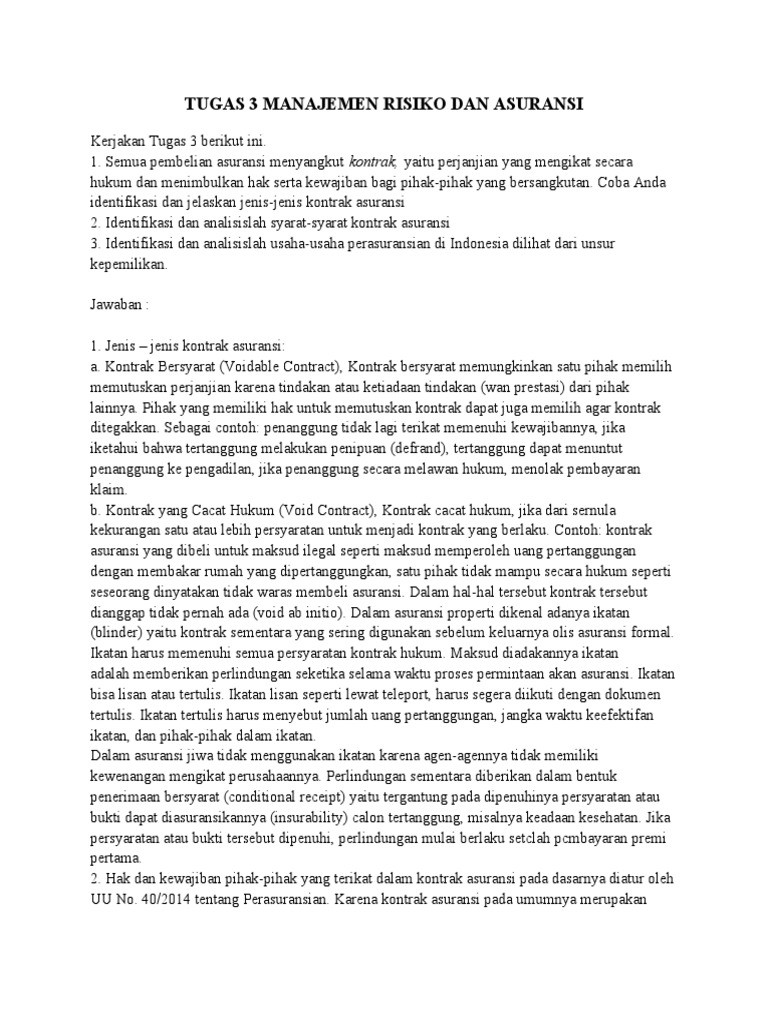 Tugas 3 Manajemen Risiko Dan Asuransi | PDF