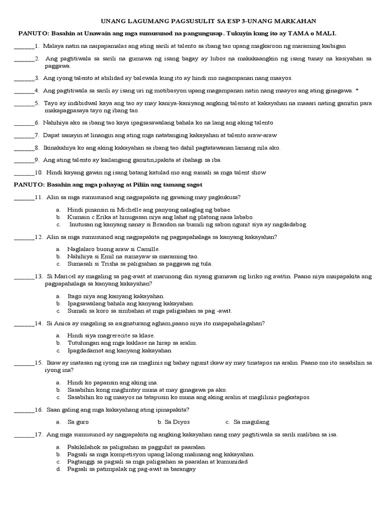 Unang Lagumang Pagsusulit Sa Esp 3 | PDF