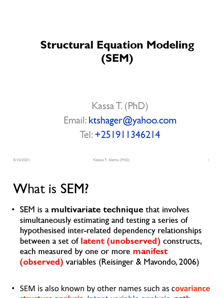 Structural Equation Modeling (Sem) : Kassa T. (PHD) Email: Tel | PDF | Structural Equation ...