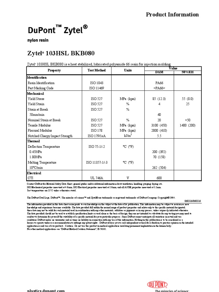 Zytel 103HSL BKB080 | PDF | Trademark | Temperature