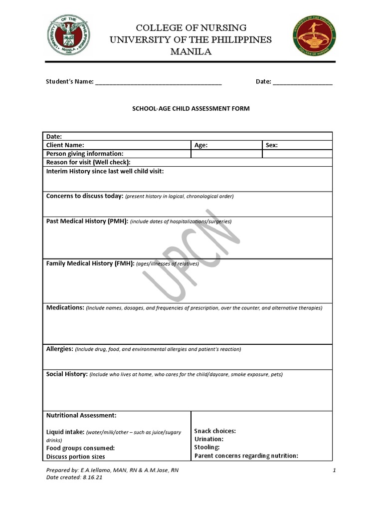 School Age Child Assessment Form | PDF | Nursing | Health Sciences