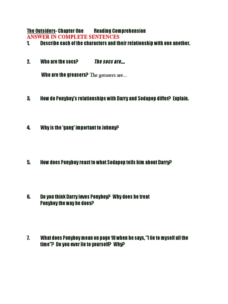 The Outsiders Chapter 1: Key Questions | PDF