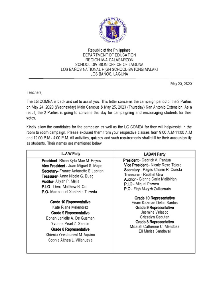 Excuse Letter For Campaigning | PDF | Government | Presidencies