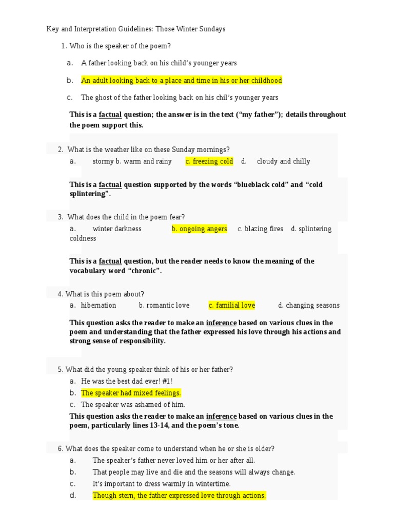 Analysis and Key for "Those Winter Sundays" | PDF | Reading ...