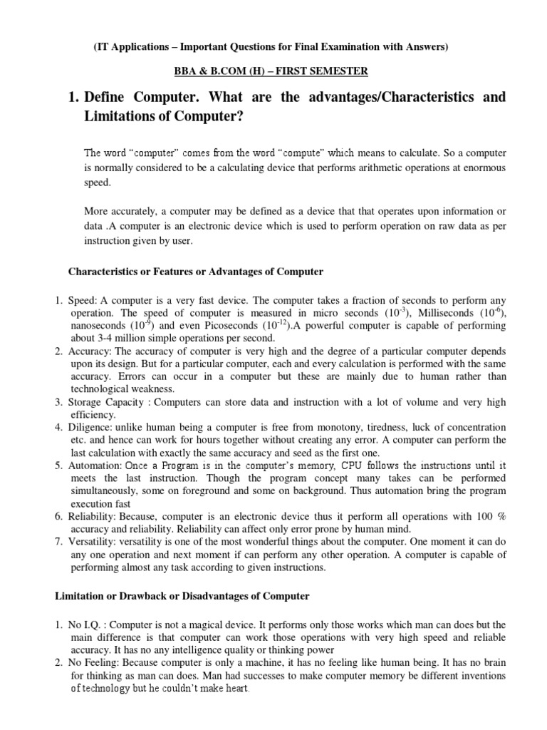 Important Questions of Information Technology BBA & B.Com With Answers | PDF | Computer Data ...