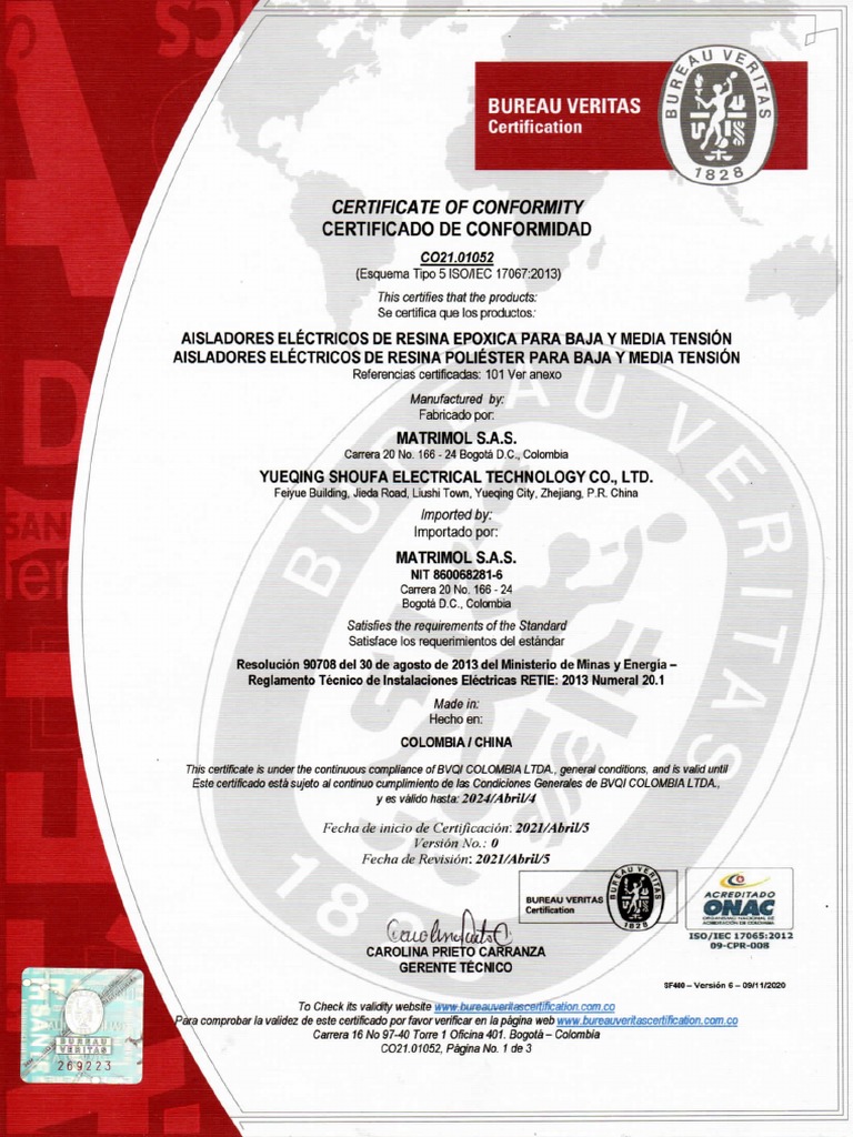 Certificado RETIE Aisladores | PDF