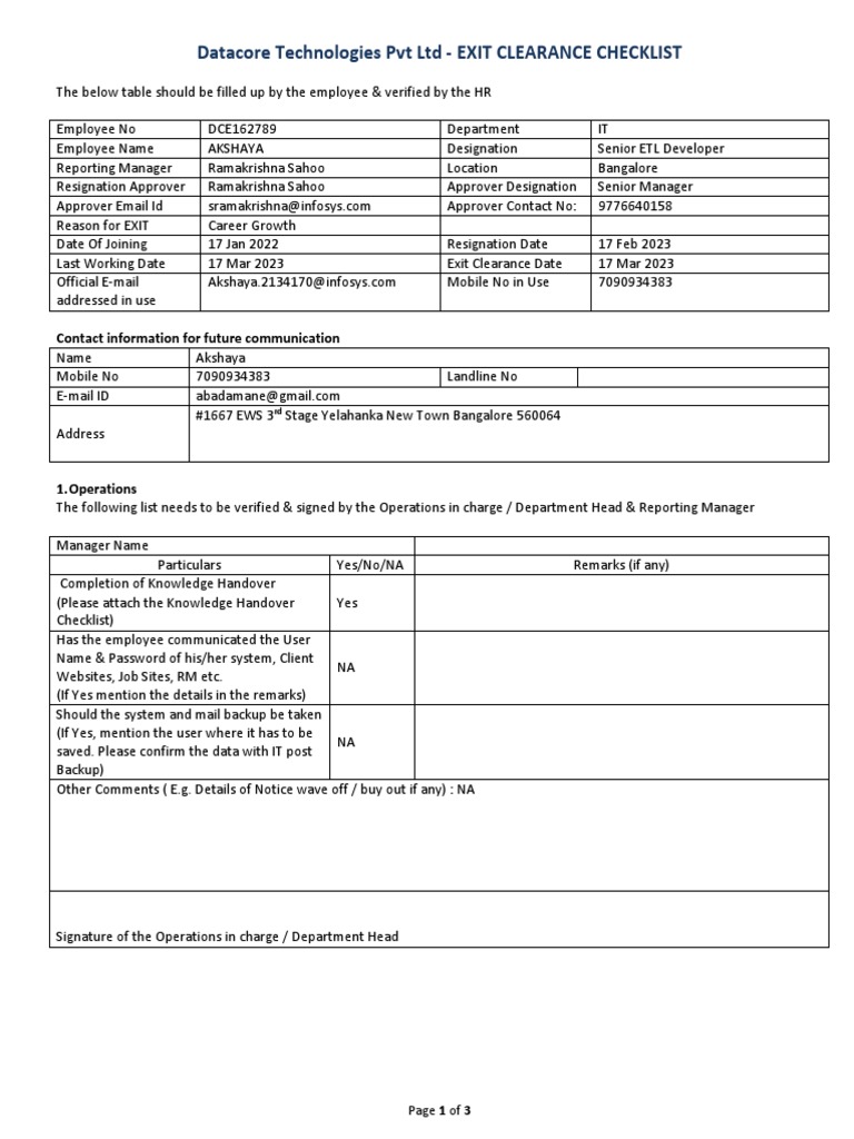 Datacore Exit Clearance Check List | PDF | Payroll | Computing
