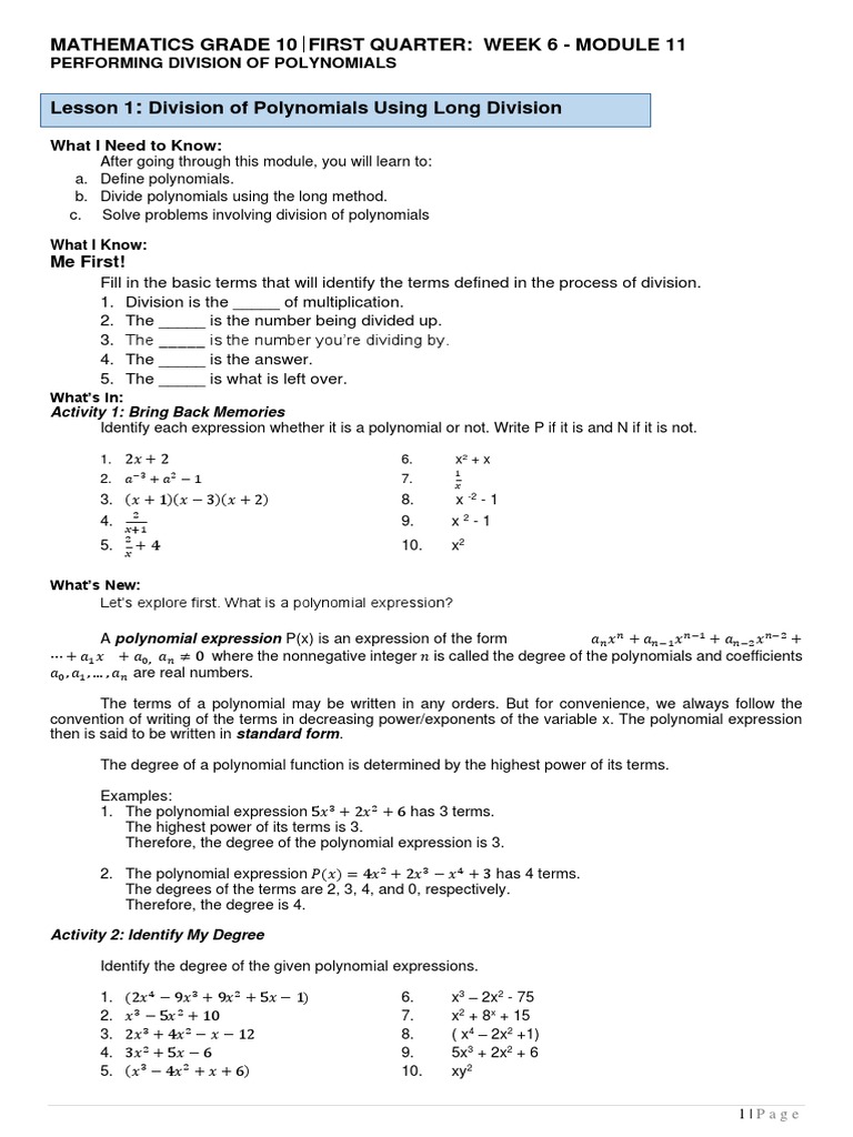 Grade 10 - Math Q1W6 | PDF | Division (Mathematics) | Polynomial