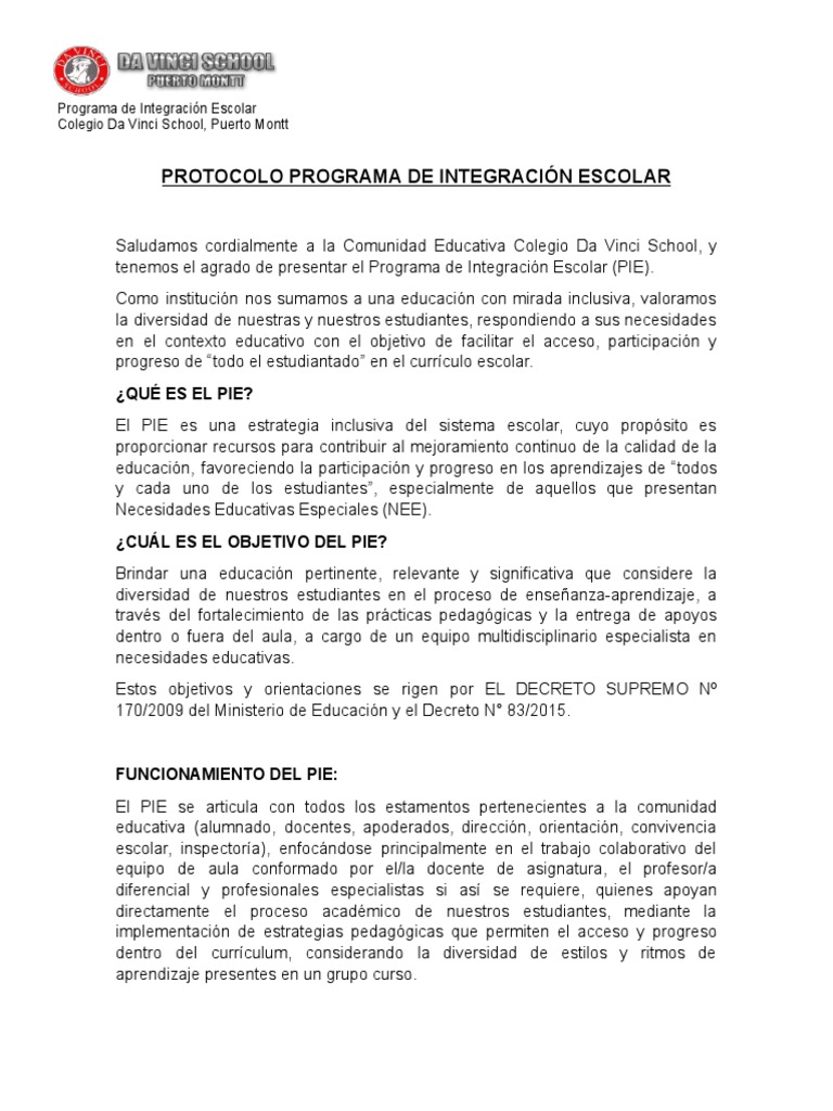 Protocolo Programa de Integración Escolar | PDF | Plan de estudios ...