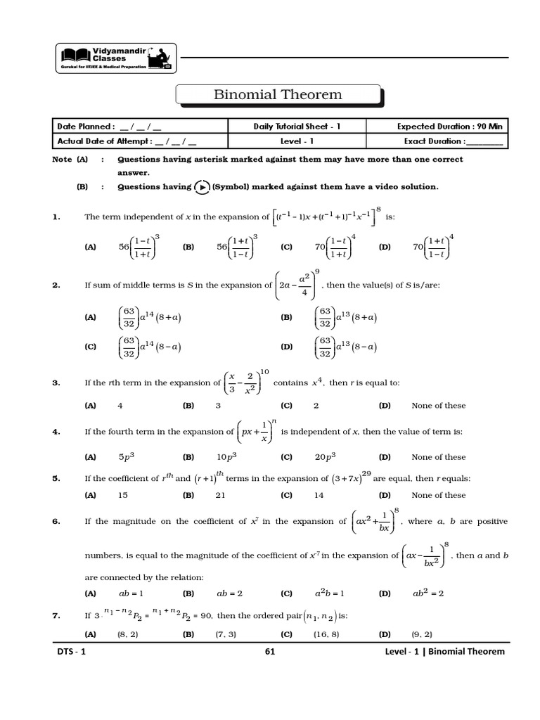 Binomial Theorem DTS-1111 | PDF | Mathematics | Algebra
