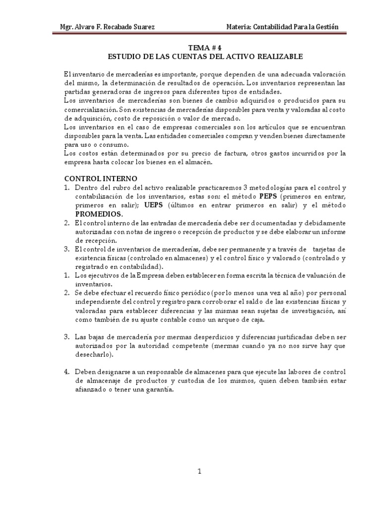 TEMA No 4. - ESTUDIO DE LAS CUENTAS DEL ACTIVO REALIZABLE | PDF | Inventario | Contabilidad