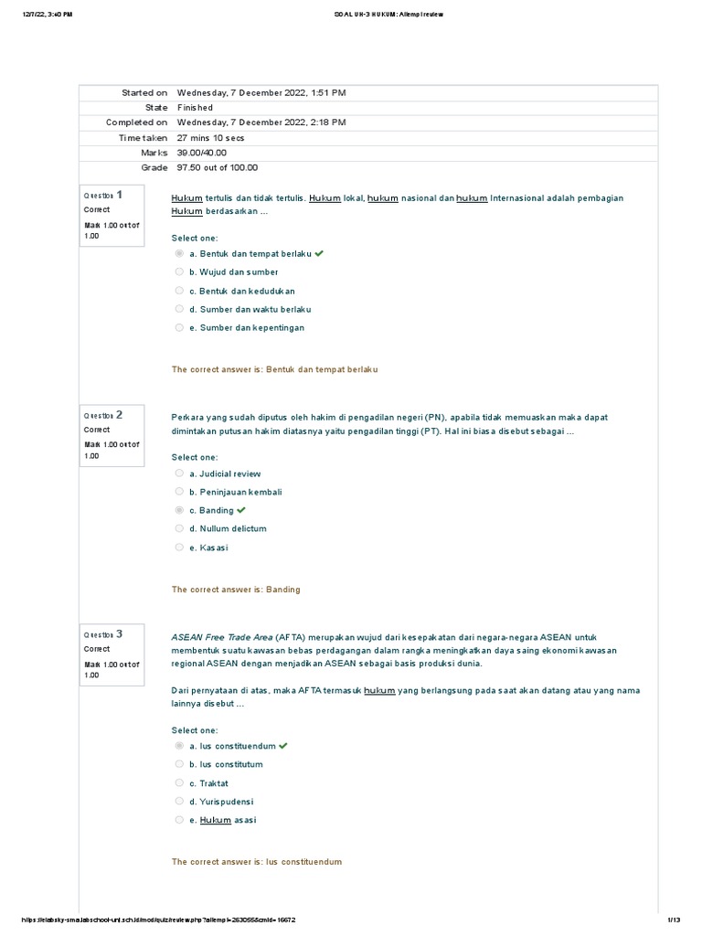 SOAL UH-3 HUKUM - Attempt Review | PDF