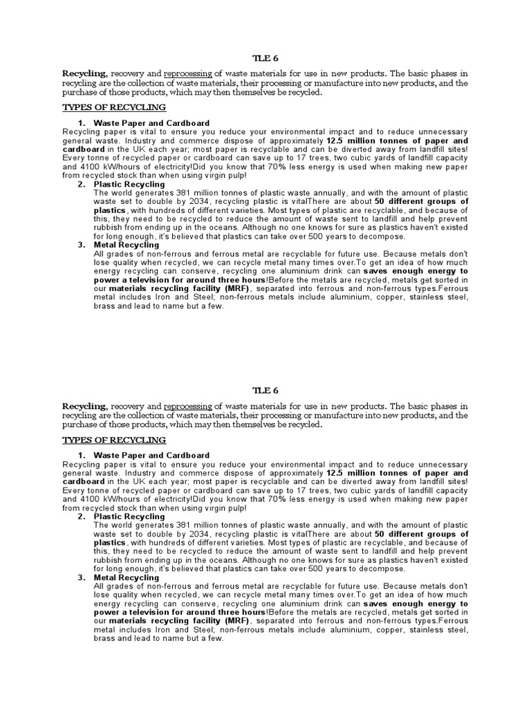 Tle 6 Recycling | Download Free PDF | Recycling | Waste