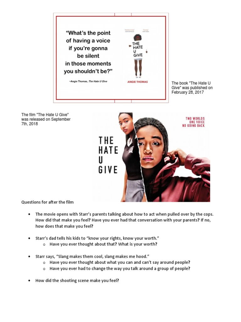 Discussion Questions for The Hate U Give | PDF