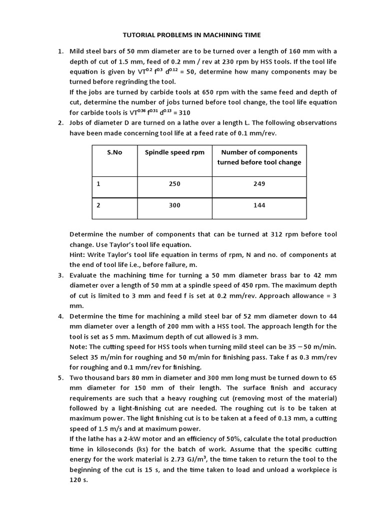 Tutorial Problems in Machining Time | PDF | Machining | Crafts