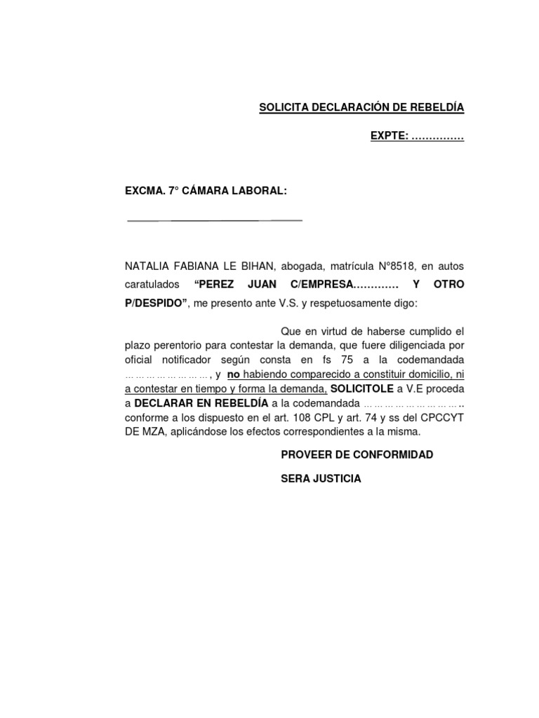 Modelo de Solicitud Declaracion de Rebeldia | PDF
