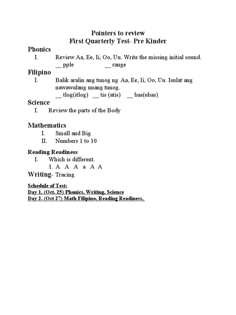 Pointers To Review Pre - Kinder | PDF