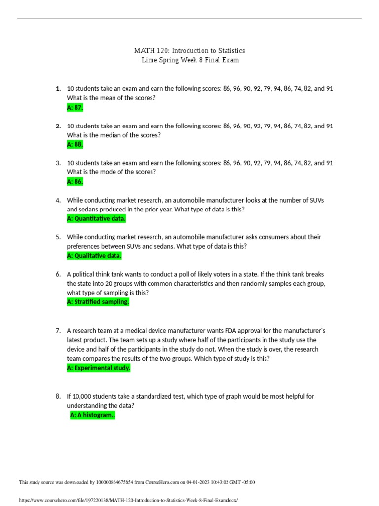 MATH 120 Statistics Final Exam Guide | PDF | Roulette | Probability ...