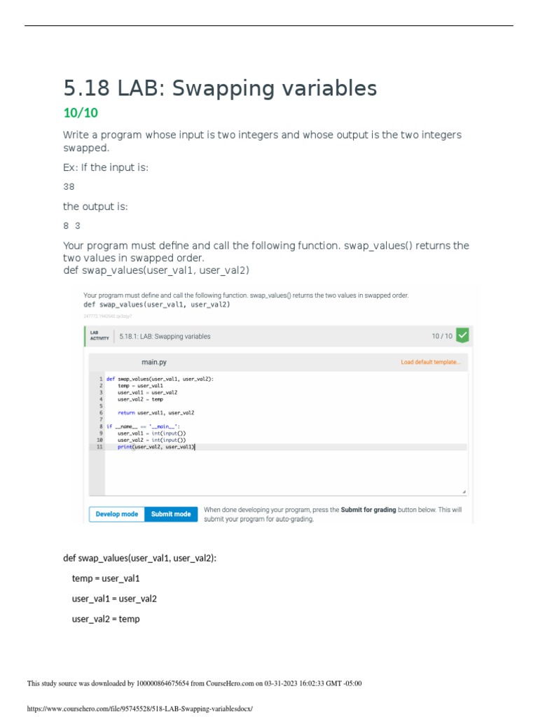 5.18 LAB Swapping Variables | PDF