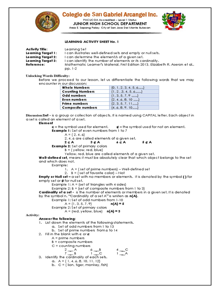 Mathematics 7 - LAS 1 | PDF