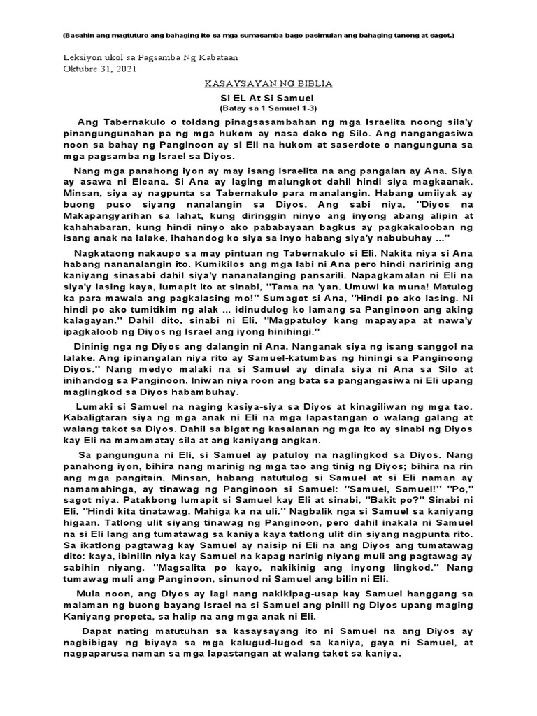 Leksiyon Ukol Sa Pagsamba NG Kabataan Oktubre 31, 2021 | PDF