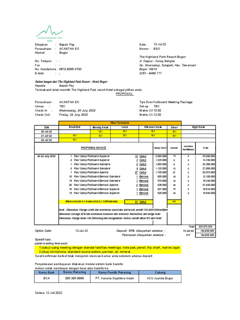 Proforma Invoice Hotel The Highland Park | PDF