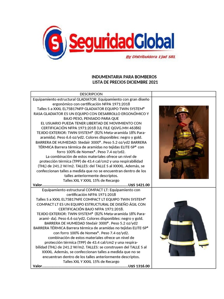 Indumentaria para Bomberos - Lista Precios Diciembre 2021 | PDF | Casco | Materiales