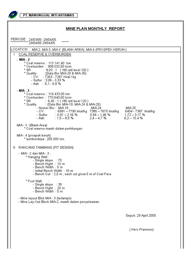 Form Laporan Bulanan Mine Plan | PDF