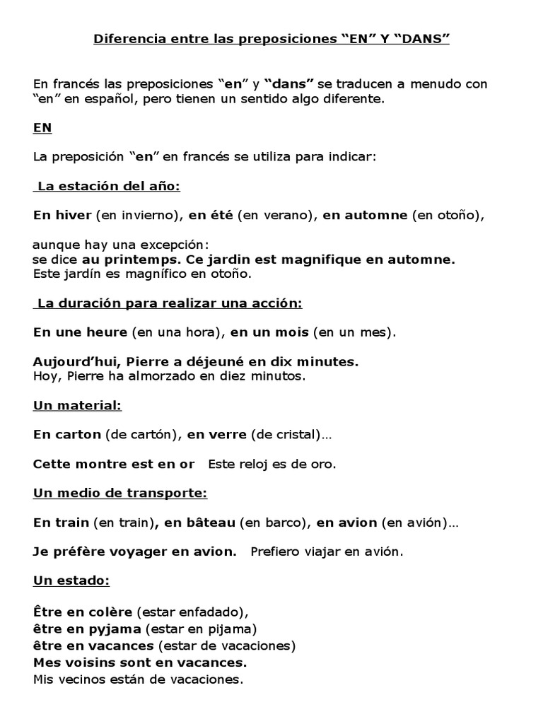Diferencia Entre Las Preposiciónes "En" Y "DANS" | PDF