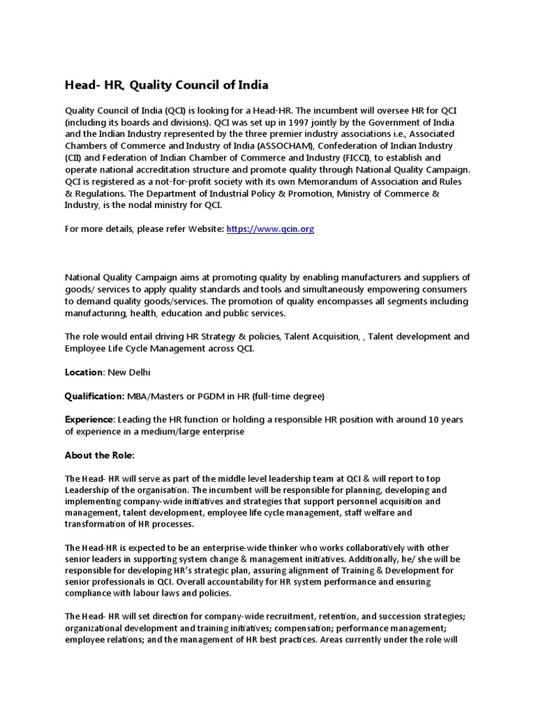 1681816447.QCI Head - HR JD | PDF