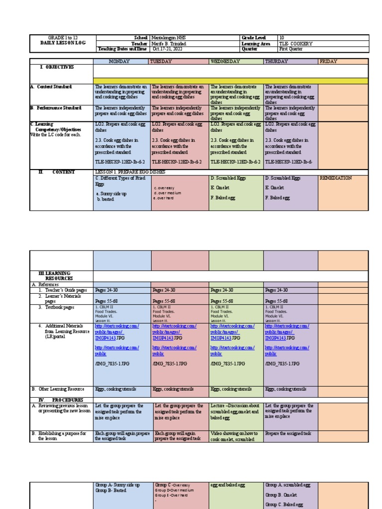 DLL TLE Cookery Grade10 Quarter1 Week4 | PDF | Rubric (Academic) | Learning