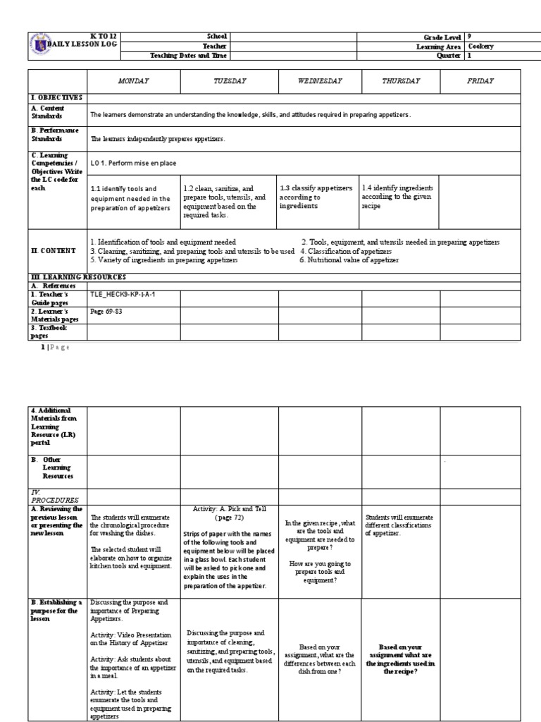 DLL COOKERY 9 Week 3 Prepare Appetizer | PDF | Learning | Teachers