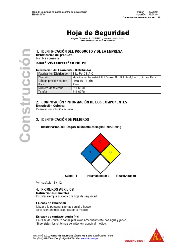 MSDS - Sika Viscocrete-50 HE PE | PDF | Contaminación | Agua
