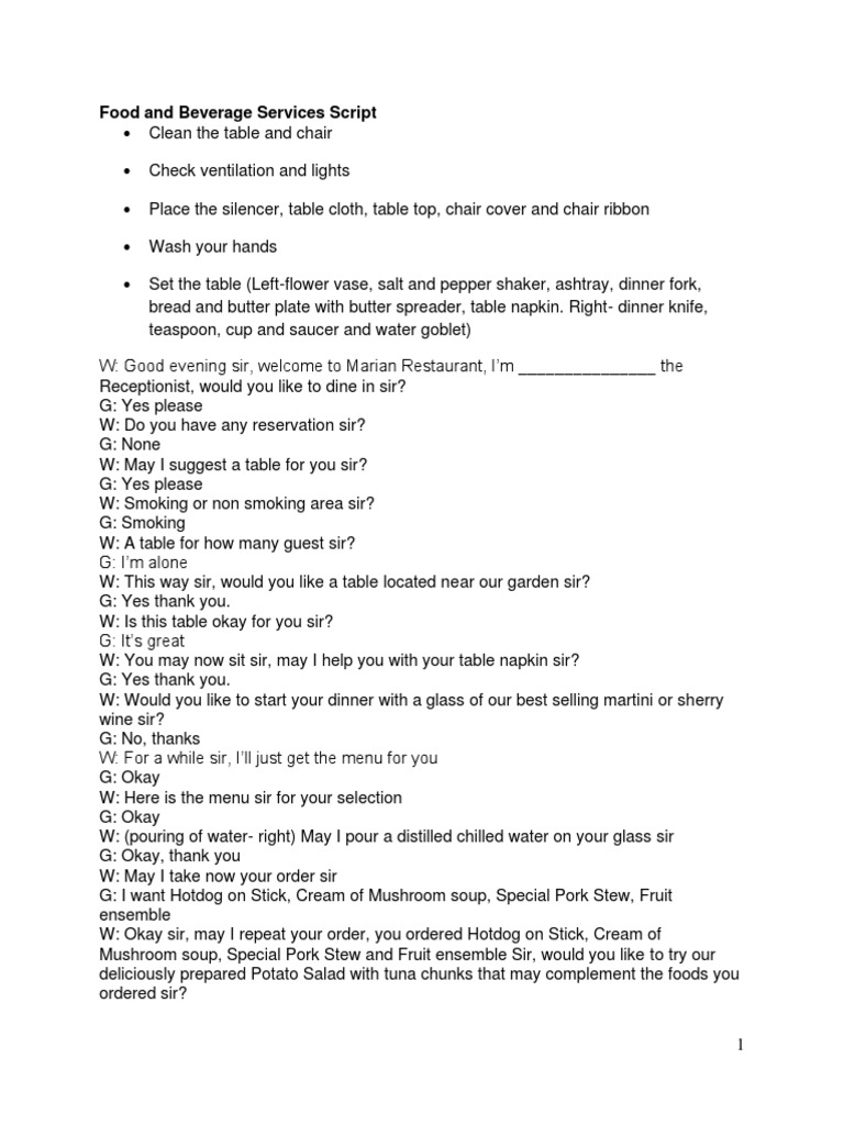 Food and Beverage Services Script | PDF