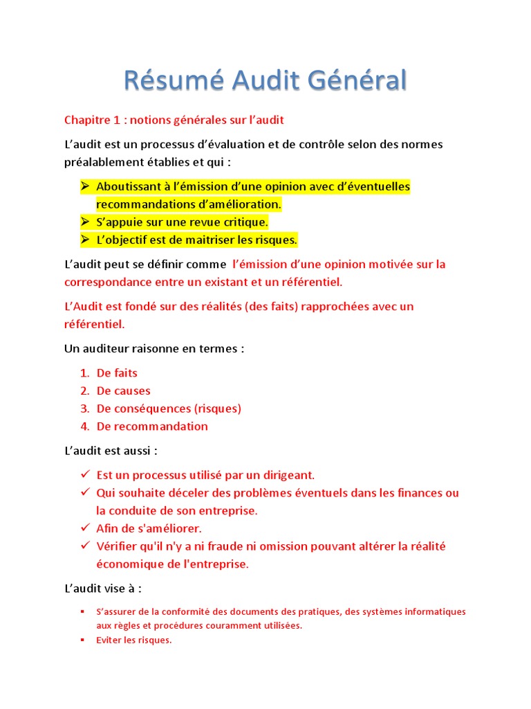 Résumé Audit Géneral | Descargar gratis PDF | Audit | Audit financier