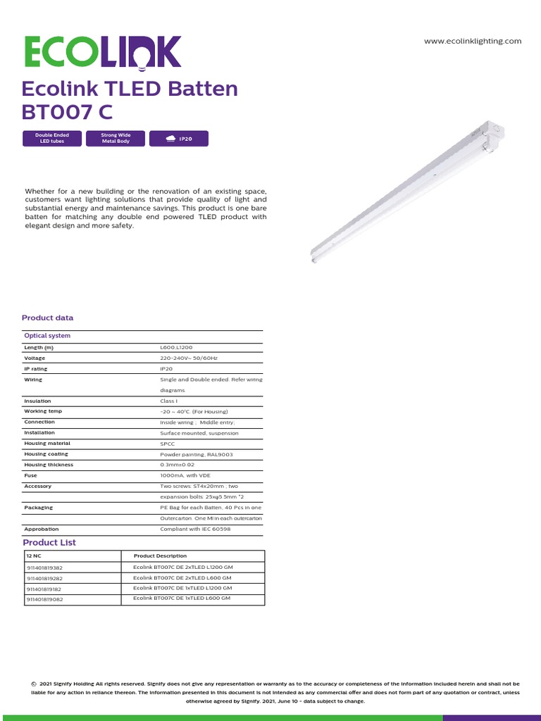 Ecolink TLED Batten BT007C | PDF | Electrical Wiring | Electrical Equipment