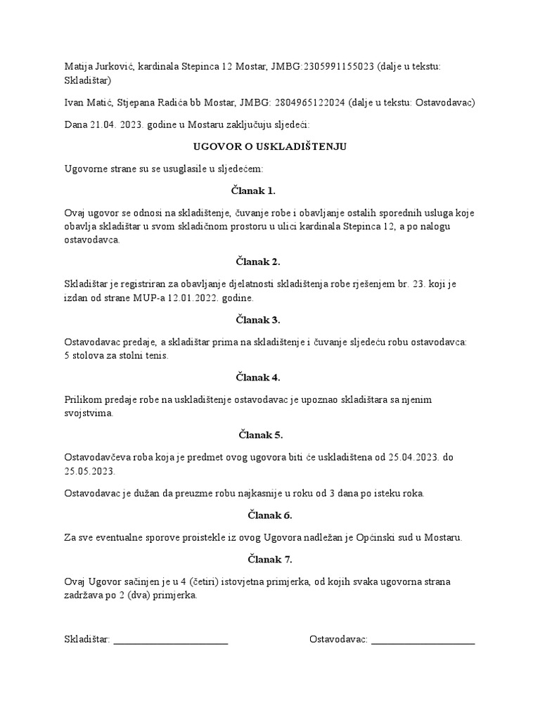 Ugovor o Uskladištenju | PDF